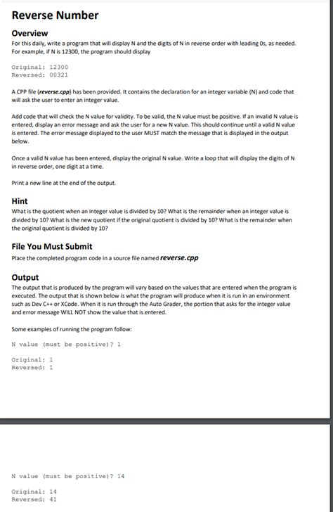 Solved Reverse Number Overview For This Daily Write A Chegg Com