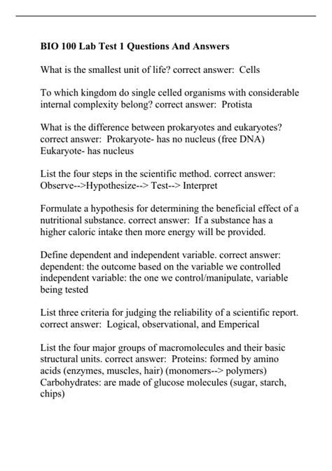 BIO 100 Lab Test 1 Questions And Answers BIO 100 Stuvia US