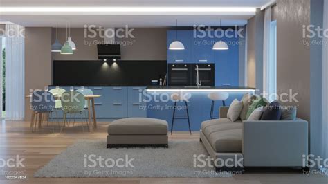 현대 집 인테리어입니다 블루 주방입니다 밤입니다 저녁 조명입니다 3d 렌더링입니다 0명에 대한 스톡 사진 및 기타 이미지 0명 3차원 형태 가구 Istock