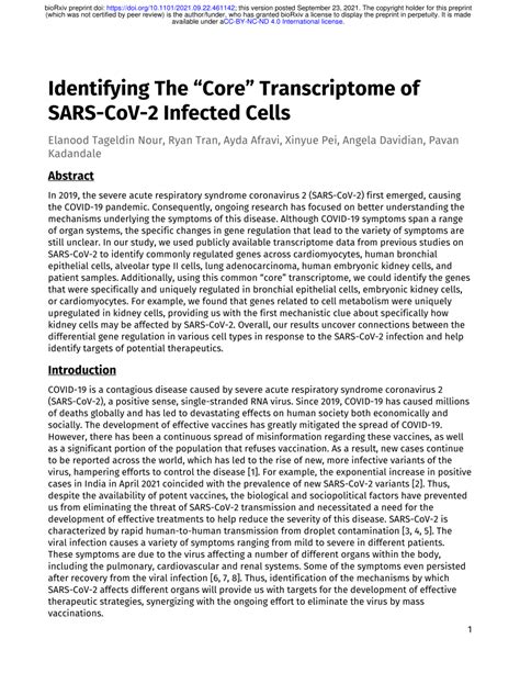 Pdf Identifying The Core Transcriptome Of Sars Cov 2 Infected Cells