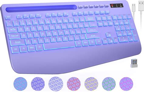 Wireless Keyboard With 7 Colored Backlits Wrist Rest Phone Holder Rechargeable Wireless Keyboard With 7 Colored Backlits Wrist Rest Phone Holder Rechargeable