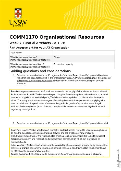 Week 7 Artefact Worksheet For Tutorial Comm1170 Organisational