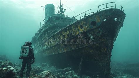Exploring A Submerged Shipwreck With Diving Robot In Deep Ocean Waters Generative Ai Stock Image
