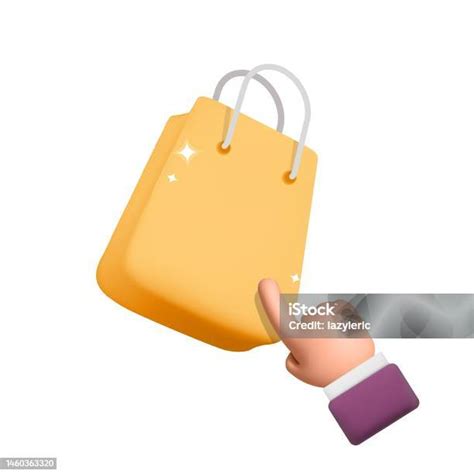 3d 벡터 현실적인 플라스틱 렌더링 손 클릭 제스처 푸시 노란색 선물 쇼핑백 모형 요소 디자인 3차원 형태에 대한 스톡 벡터 아트 및 기타 이미지 Istock