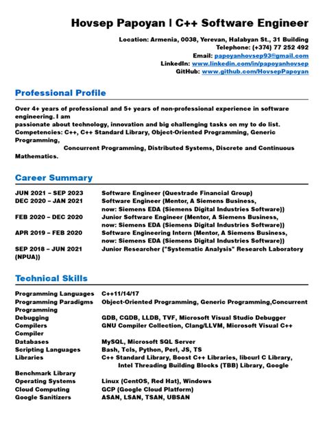 Hovsep Papoyan C Software Engineer Professional Profile Pdf