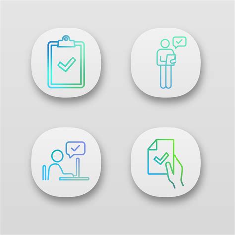 Approve App Icons Set Verification And Validation Clipboard With Check Mark Person Checking