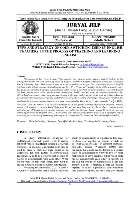 Pdf Type And Strategy Of Code Switching Used By English Teachers In The Process Of Teaching