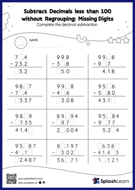 Subtract Decimals Less Than 100 Without Regrouping Missing Digits Math Worksheets Splashlearn