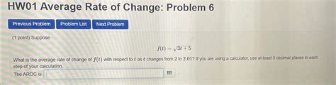 Solved HW01 Average Rate Of Change Problem 6 1 Point Chegg Com