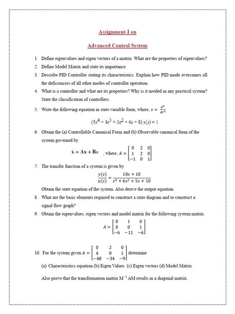 Assignment I Adv Control System 2023 Pdf Eigenvalues And
