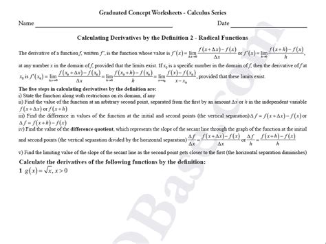 Calculus Worksheet Derivatives By Definition 2 Radical Functions Teaching Resources