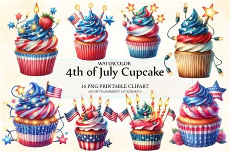 Watercolor 4th Of July Cupcake Clipart Graphic By Cozy Curations
