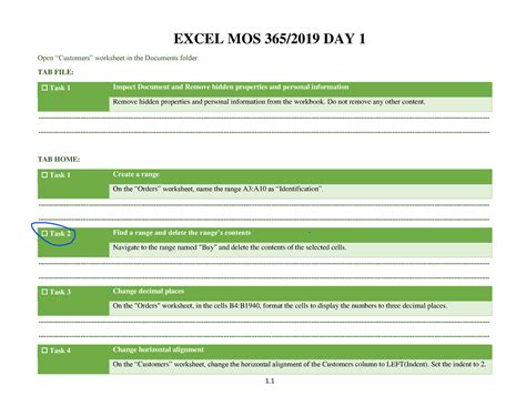 DAY 1 MOS Practice 1 EXCEL MOS 365 2019 DAY 1 Open Customers Worksheet In The Documents