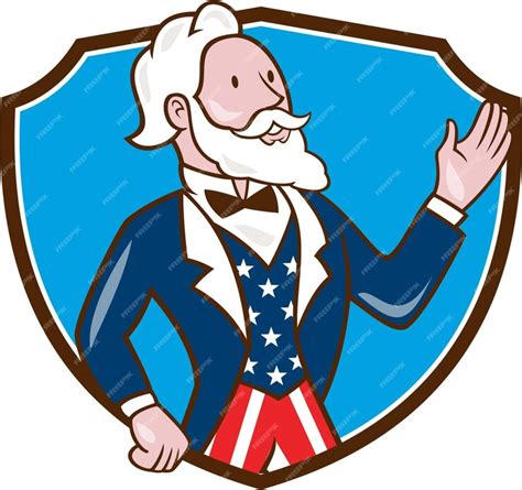 엉클 샘 흔들며 손 크레스트 만화 프리미엄 벡터