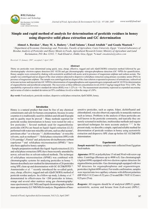 Pdf Simple And Rapid Method Of Analysis For Determination Of Pesticide Residues In Honey Using