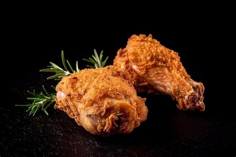 어두운 배경에 격리된 뜨겁고 매운 프라이드 치킨 프리미엄 사진