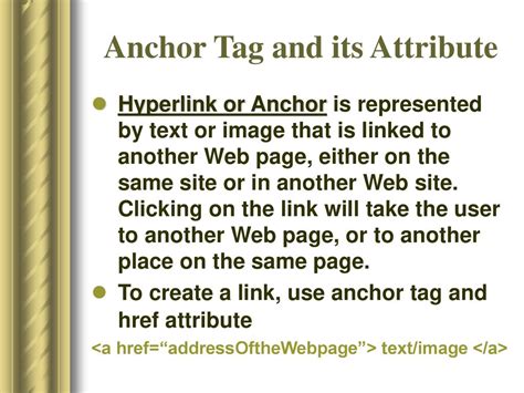 hyperlink anchor tag and its attributes four types of hyperlink ppt