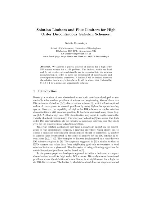 Pdf Solution Limiters And Flux Limiters For High Order Discontinuous Galerkin Schemes