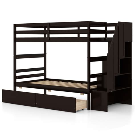 Twin Over Twin Bunk Bed With Storage Stairs And Drawers Costway