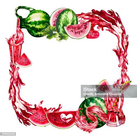 수박 수박과 갓 짜낸 주스가 있는 정사각형 프레임 수채화 손으로 그린 그림입니다 흰색 배경에 라벨 포장 및 인쇄용 메뉴 전단지 및 엽서 0명에 대한 스톡 벡터 아트 및 기타