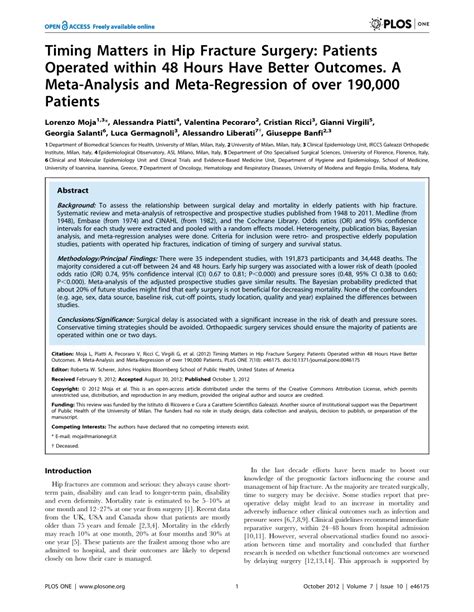 Pdf Timing Matters In Hip Fracture Surgery Patients Operated Within 48 Hours Have Better