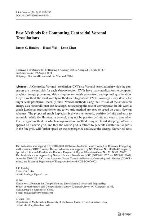 Pdf Fast Methods For Computing Centroidal Voronoi Tessellations