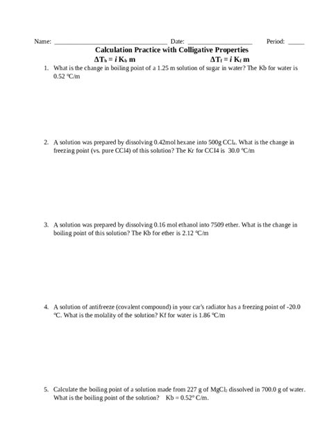 Chemistry Colligative Properties Worksheet Doc Template Pdffiller