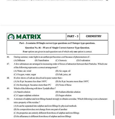 Part 3 Contains 10 Single Correct Type Questions And 5 Integer Type Que