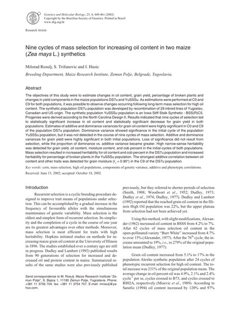 Pdf Nine Cycles Of Mass Selection For Increasing Oil Content In Two