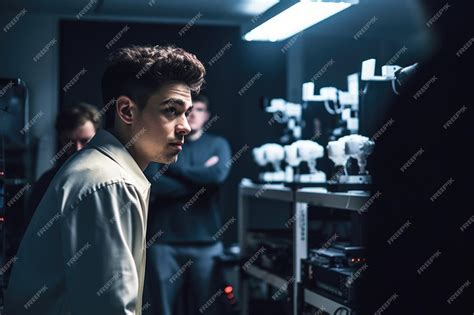 Premium Ai Image Shot Of A Young Man Watching Robotics Researchers Working In The Lab Created