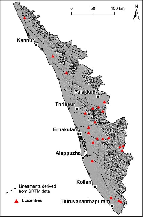 srtm shaded relief data of kerala showing the lineaments and epicenters