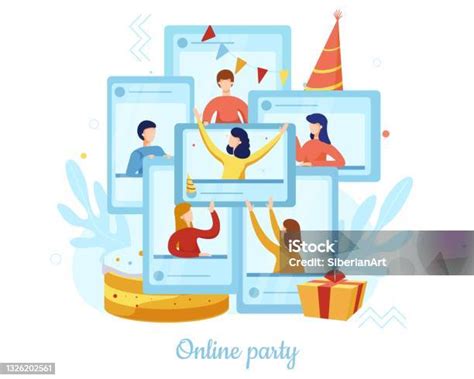 사람들은 집에서 원격으로 생일을 축하 평면 벡터 일러스트 온라인 파티 화상 회의 기술 Brand Name Online