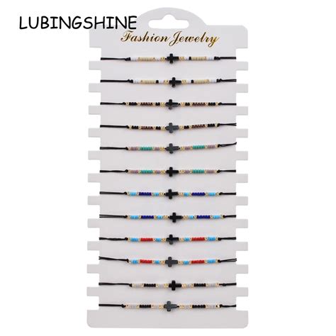 Boho 12 개묶음 적철광 파티마 핸드 크로스 하트 참 팔찌 세트 커플 여성 조절 가능한 스트링 시드 비드 발찌 쥬얼리행운 팔찌 Aliexpress