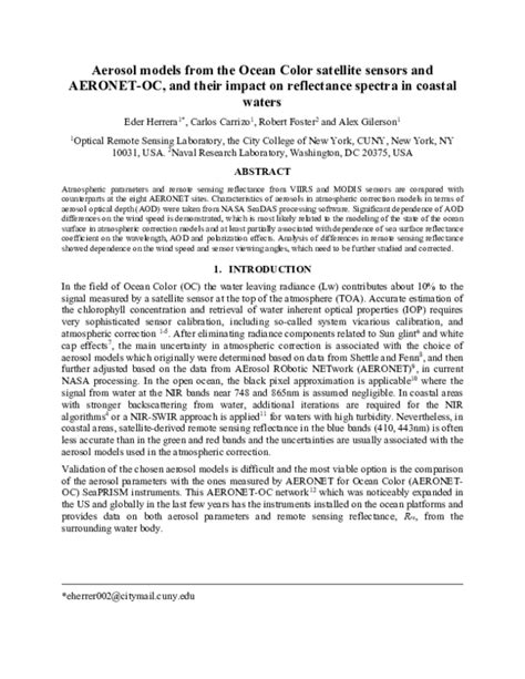 Pdf Comparison Of Aerosol Models From The Ocean Color Satellite Sensors And Aeronet Oc And
