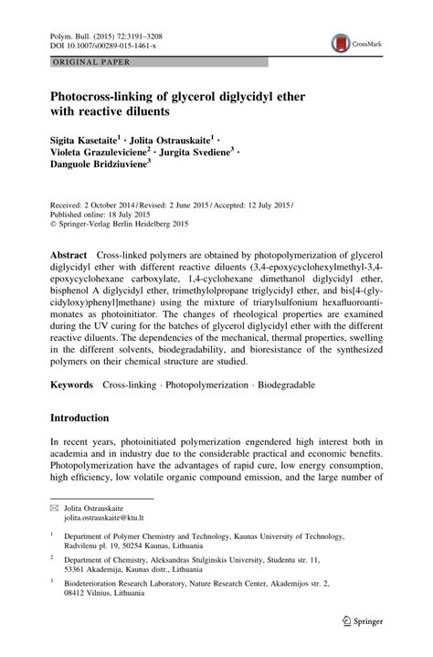 Pdf Photocross Linking Of Glycerol Diglycidyl Ether With Reactive Diluents
