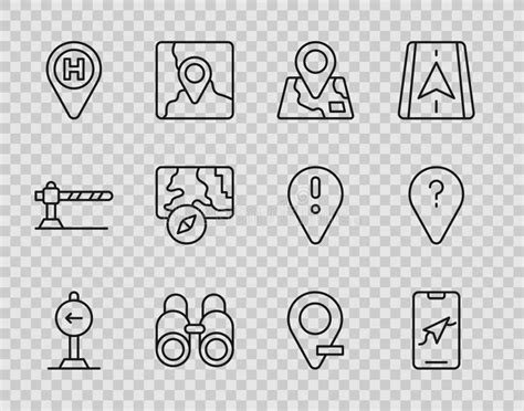 Set Line Traffic Sign Turn Left City Map Navigation Folded With Location Marker Binoculars