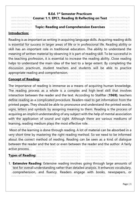 Reading And Comprehension Practicum B Ed Practicum English Das Coaching