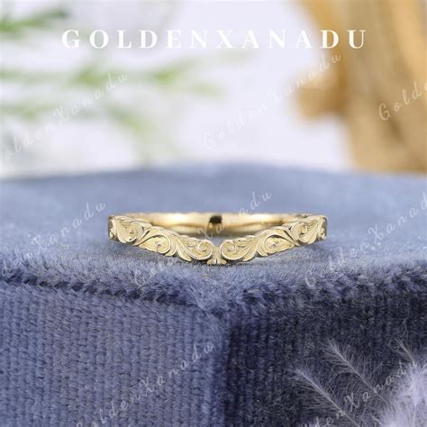 Vintage Engraved Curved Wedding Band Solid Gold Antique Patterned
