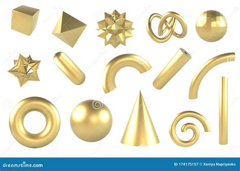 Set Of 3d Golden Geometric Shapes Objects Realistic Geometry Elements Isolated On White