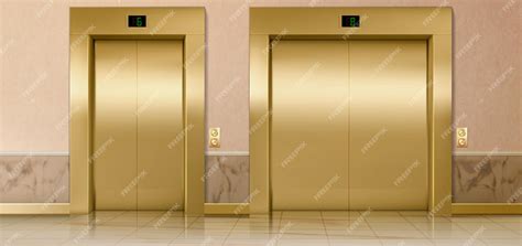골드 리프트 도어 서비스 및화물 폐쇄 엘리베이터 골드 게이트 버튼이있는 홀 인테리어 건물 사무실 또는 호텔 현실적인 그림에서 무대 번호 패널 실내 교통 무료 벡터