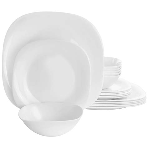 Piazza 18 Piece Soft Square Tempered Opal Glass Dinnerware Set In White