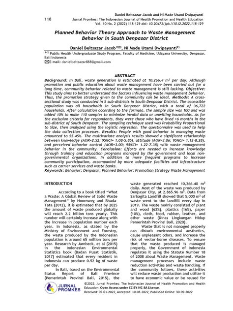 Planned Behavior Theory Approach To Waste Management Behavior In South