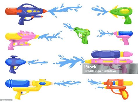 장난감 물 무기 플라스틱 권총과 액체 아이 컬러 게임 장비 태국 송크란 축제 상징 어린이 만화 플랫 스타일 고립 된 벡터 세트에
