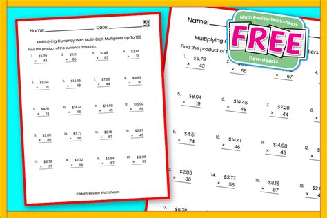 Multiplying Currency With Multi Digit Multipliers Up To Math Review Worksheets