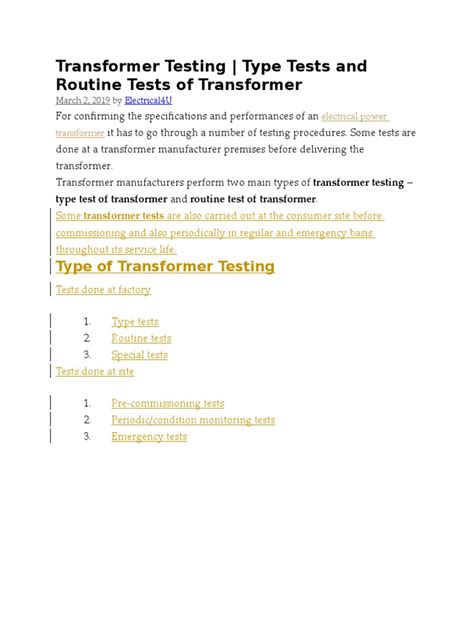 Comprehensive Overview Of Transformer Testing Procedures Including Detailed Explanations Of
