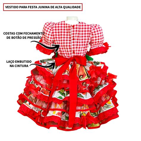 Vestido Super Luxo Para Festa Junina Xadrez Vermelho P M G