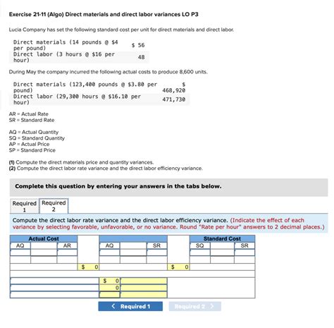 Solved Lucia Company Has Set The Following Standard Cost Per