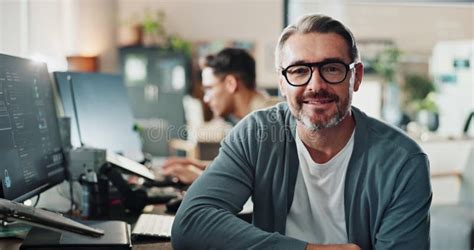Business Man Face And Computer Screen For Coding Programming And