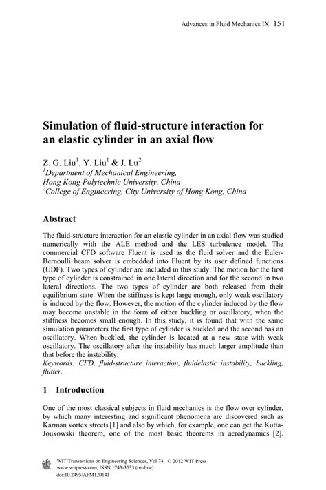 Pdf Simulation Of Fluid Structure Interaction For An Elastic Cylinder