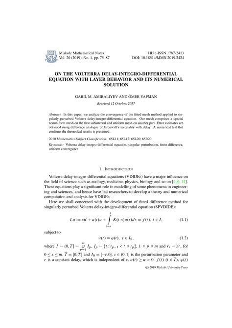 Pdf On The Volterra Delay Integro Differential Equation With Layer Behavior And Its Numerical